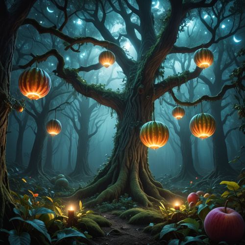 A mystical forest where trees grow giant fruits that glow softly in the ...