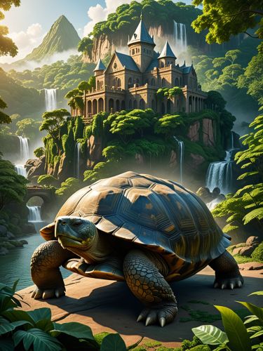 Hyper-realistic scene of a giant ancient tortoise with a city built on ...
