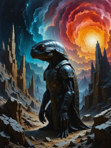 large alien with reddish leathery skin, alien has small dark eyes, hard ...