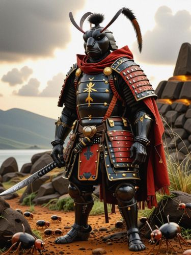 Ant-Man in samurai armor, in front of an anthill, detailed photography ...