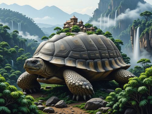 Hyper-realistic scene of a giant ancient tortoise with a city built on ...