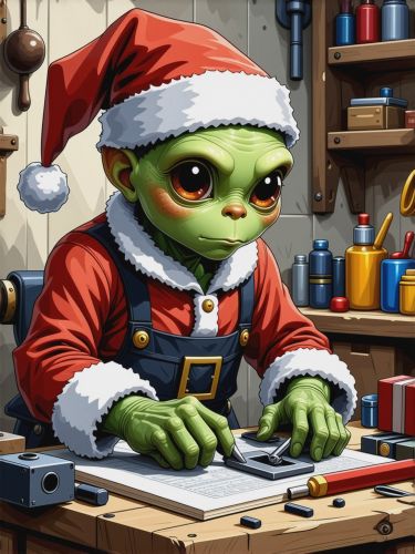AIFusionArt - cute cartoony green alien dressed as santa working at his ...