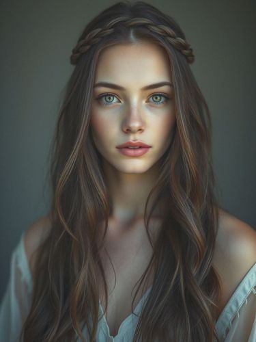 A portrait of full body a 23-year-old model. Violet has long dark brown ...