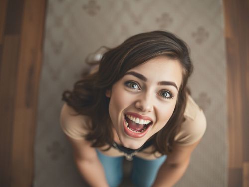 Beautiful woman kneeling facing camera opening mouth wide top view – AIFusionArt