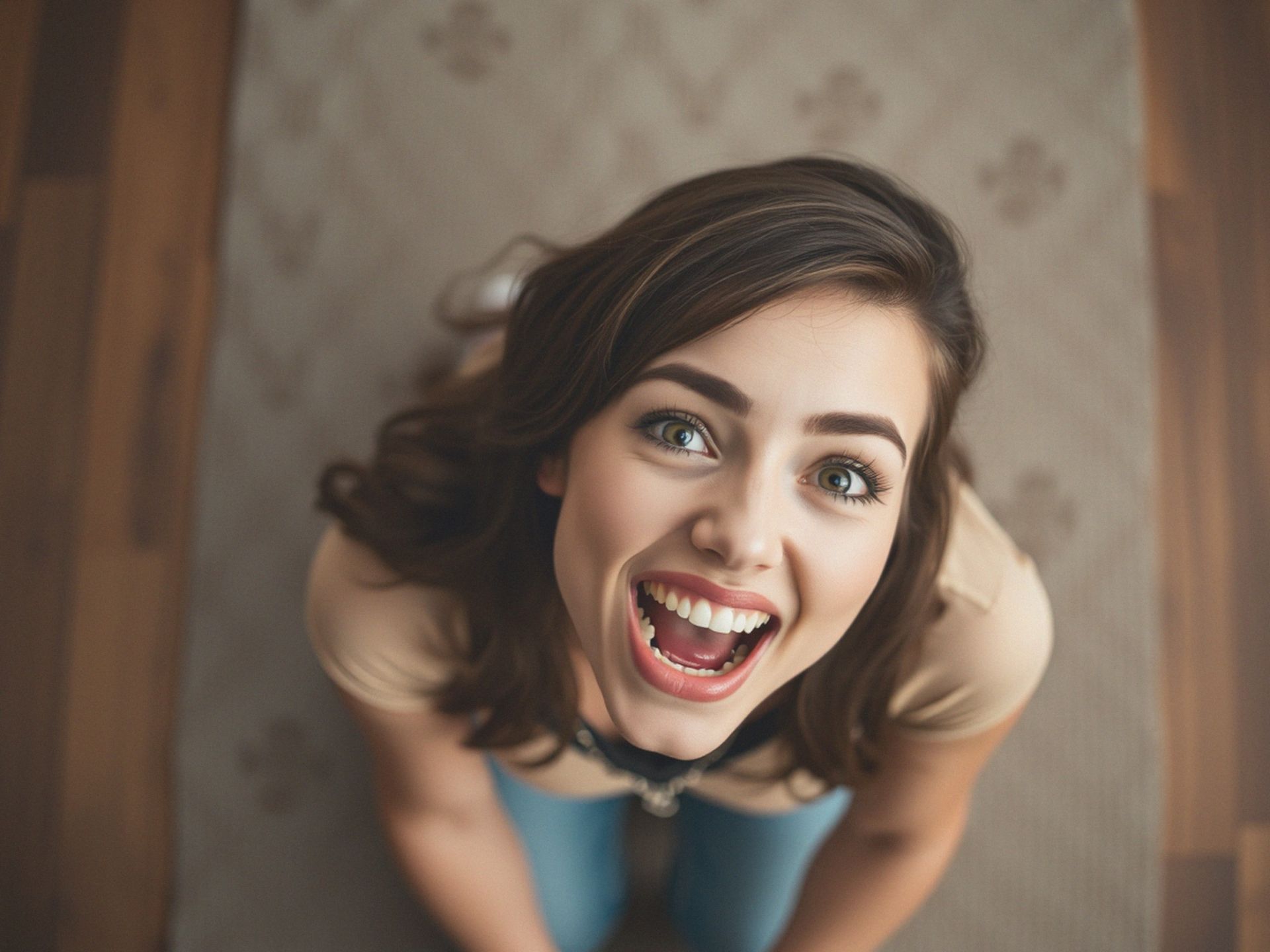 Beautiful woman kneeling facing camera opening mouth wide top view ...