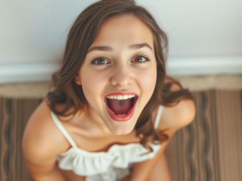 Beautiful woman kneeling facing camera opening mouth wide top view – AIFusionArt