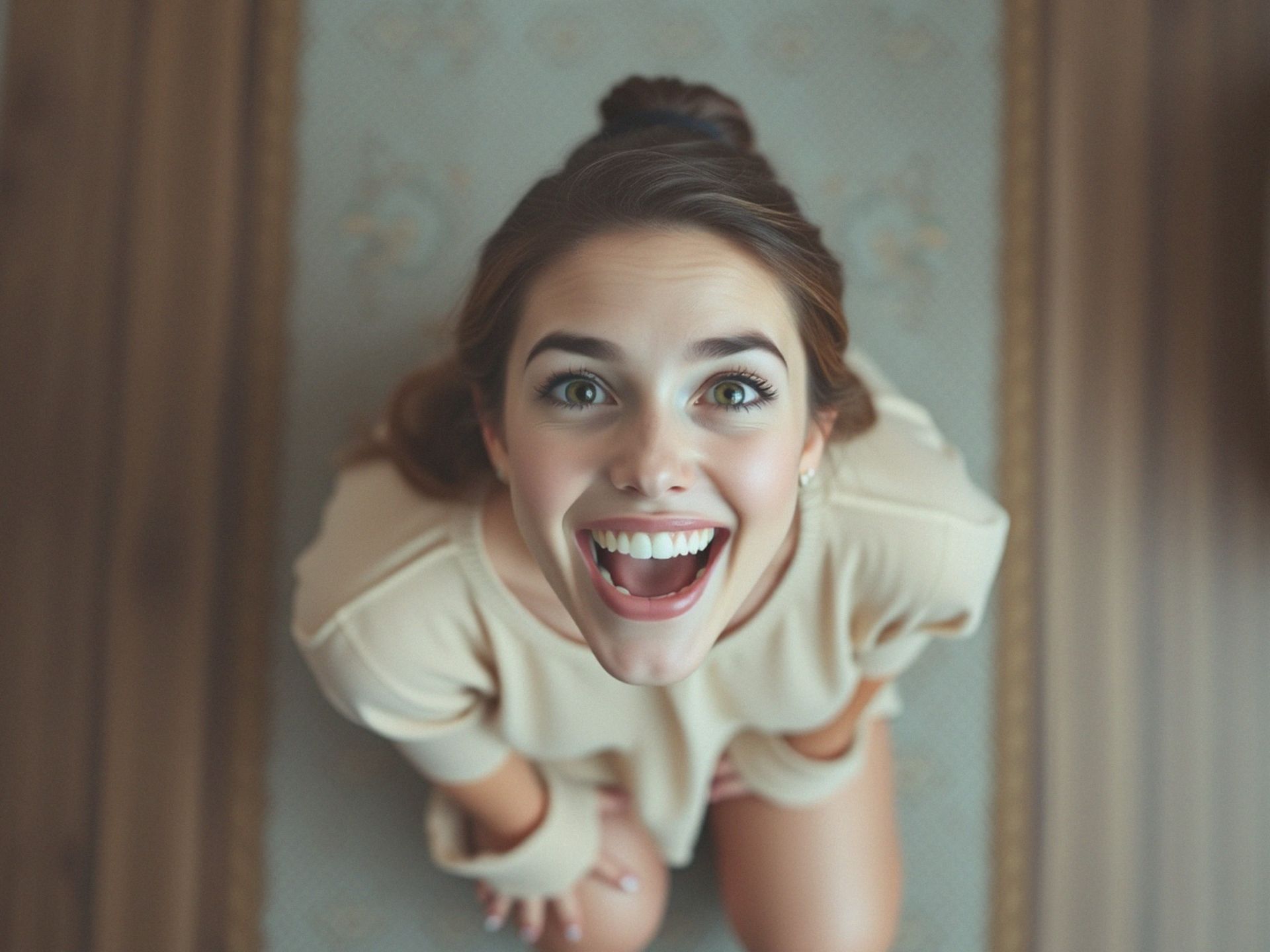 Beautiful woman kneeling facing camera opening mouth wide top view ...