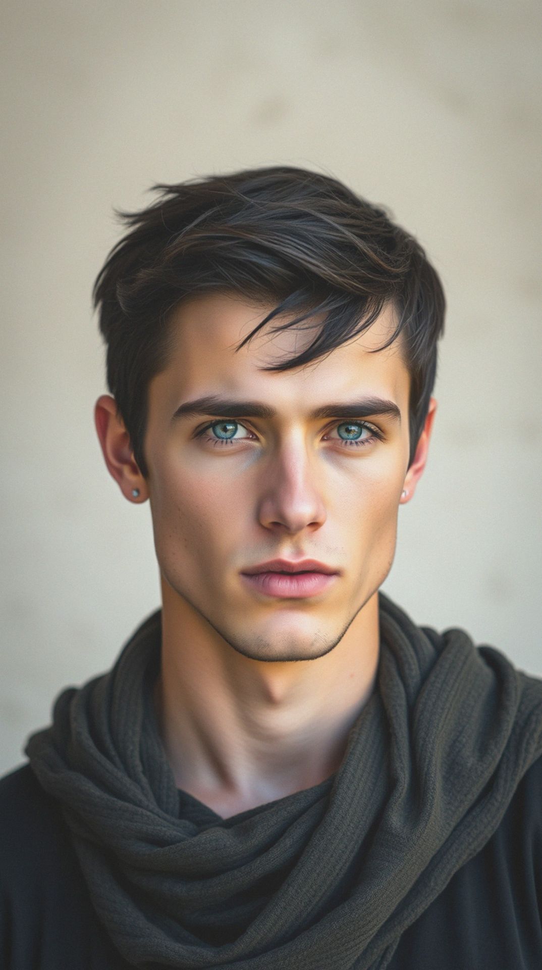 Realistic portrait of a young Gypsy man with short black hair and blue ...