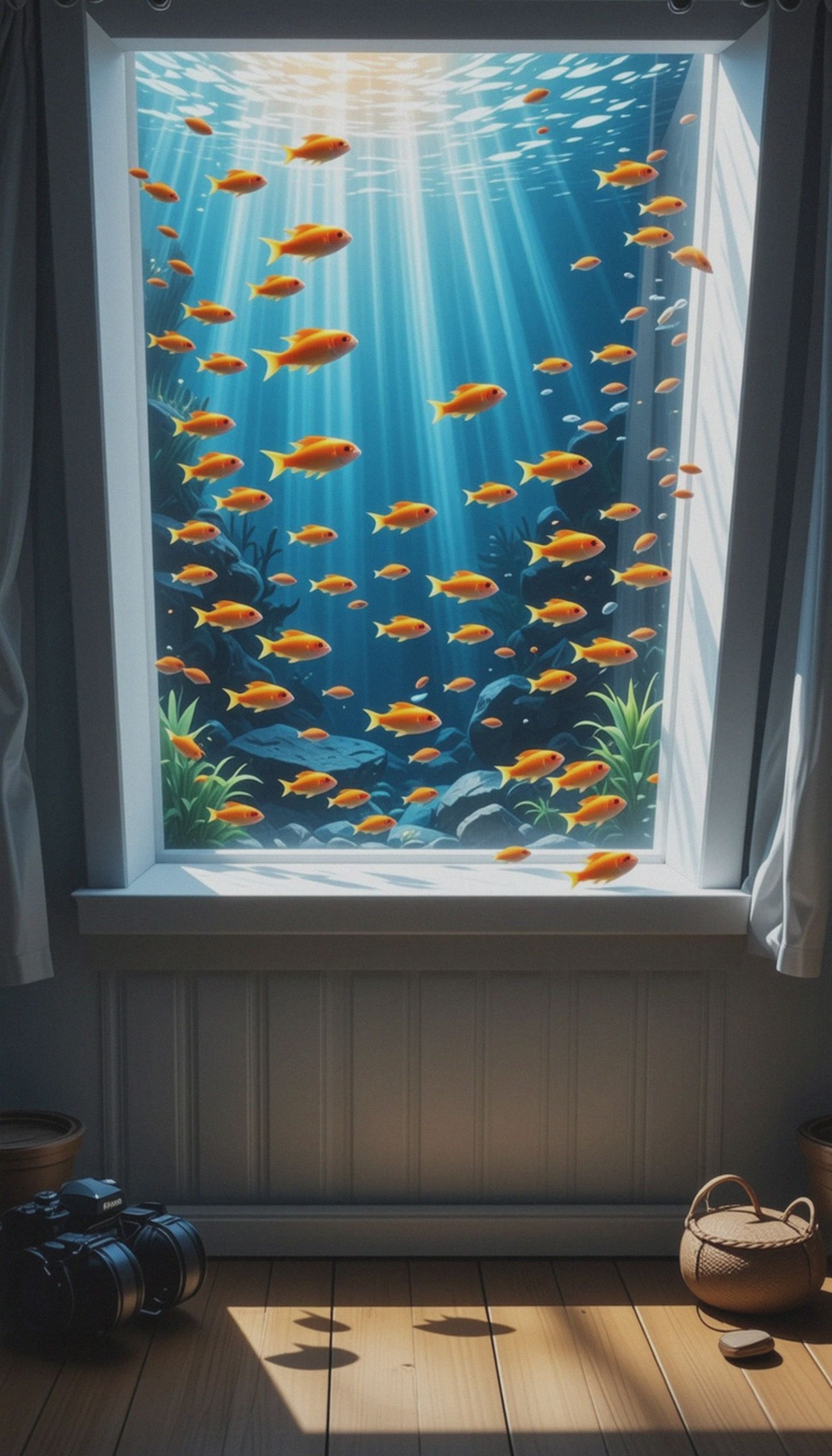 In the dark room, there is an open square skylight on top of which ...