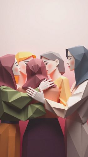papercraft style, several women hug each other, unreal engine #5, bold ...