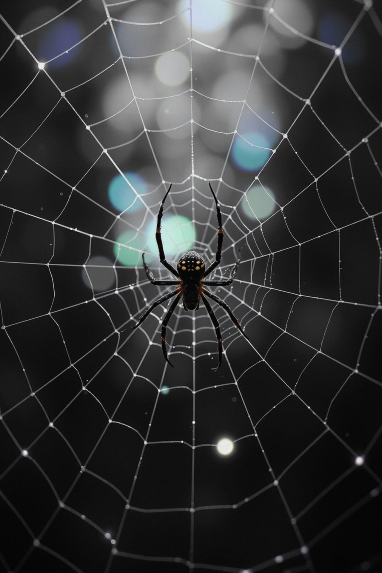 Create a true optical illusion, spider in web, black and white, stippling, contemporary art ...