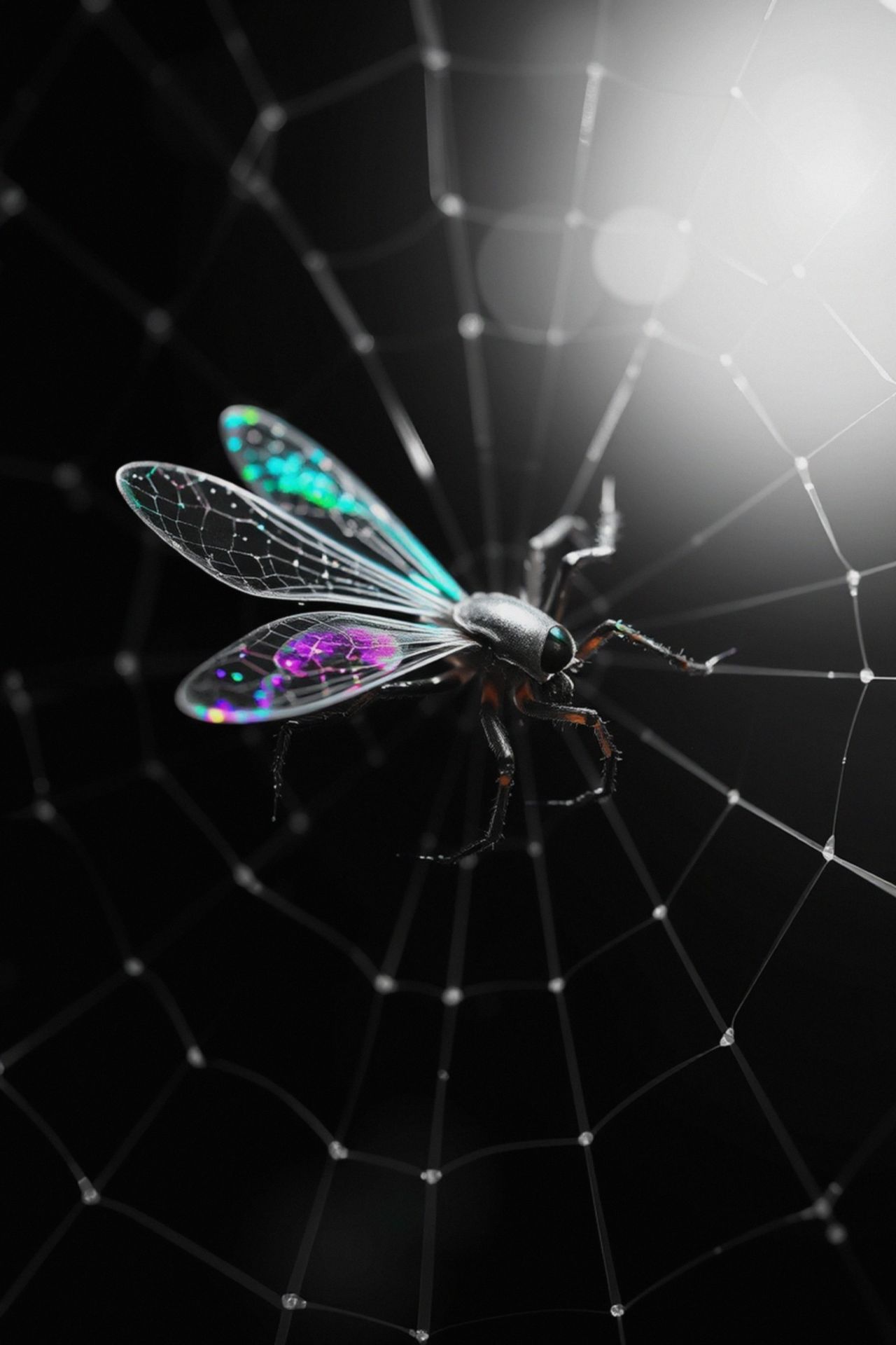 Create a true optical illusion, spider on a fly caught in web, black and white, stippling ...