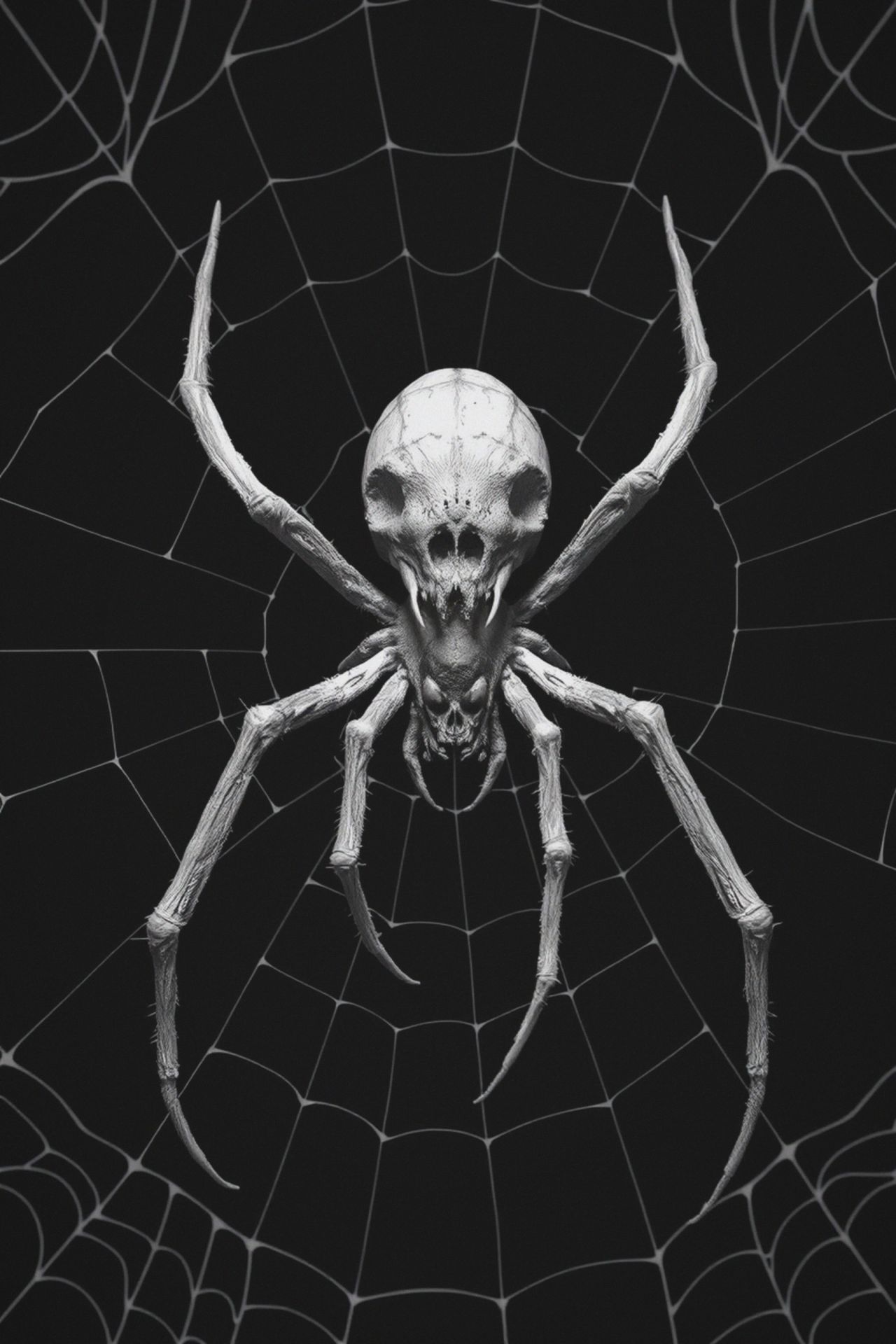 Create a true optical illusion, spider with a mutated head is in its web, V-Ray render, 3D ...