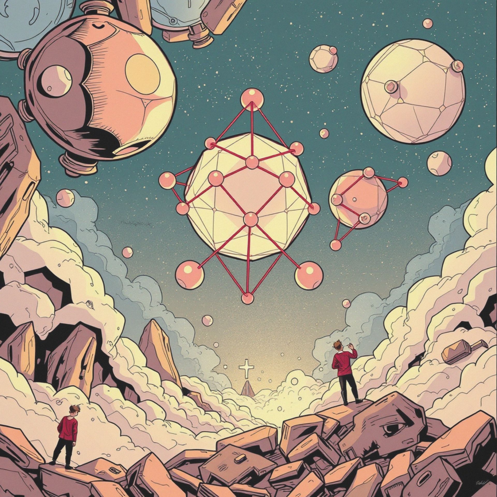 A fantastical scene where abstract algebraic structures take on ...