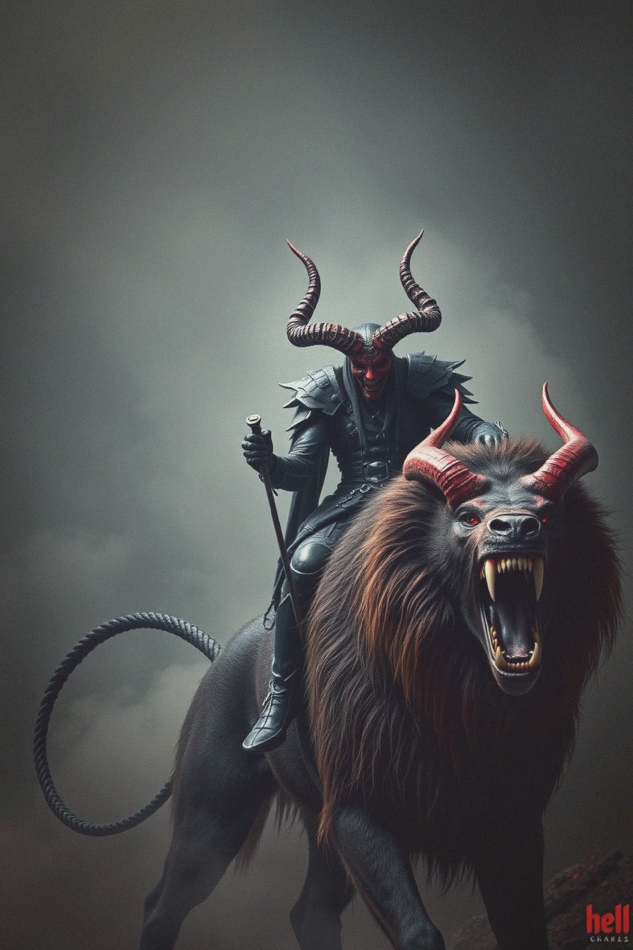 Asmodeus in black armor, on a large Cerberus, In Hell. Red horns. Scary ...