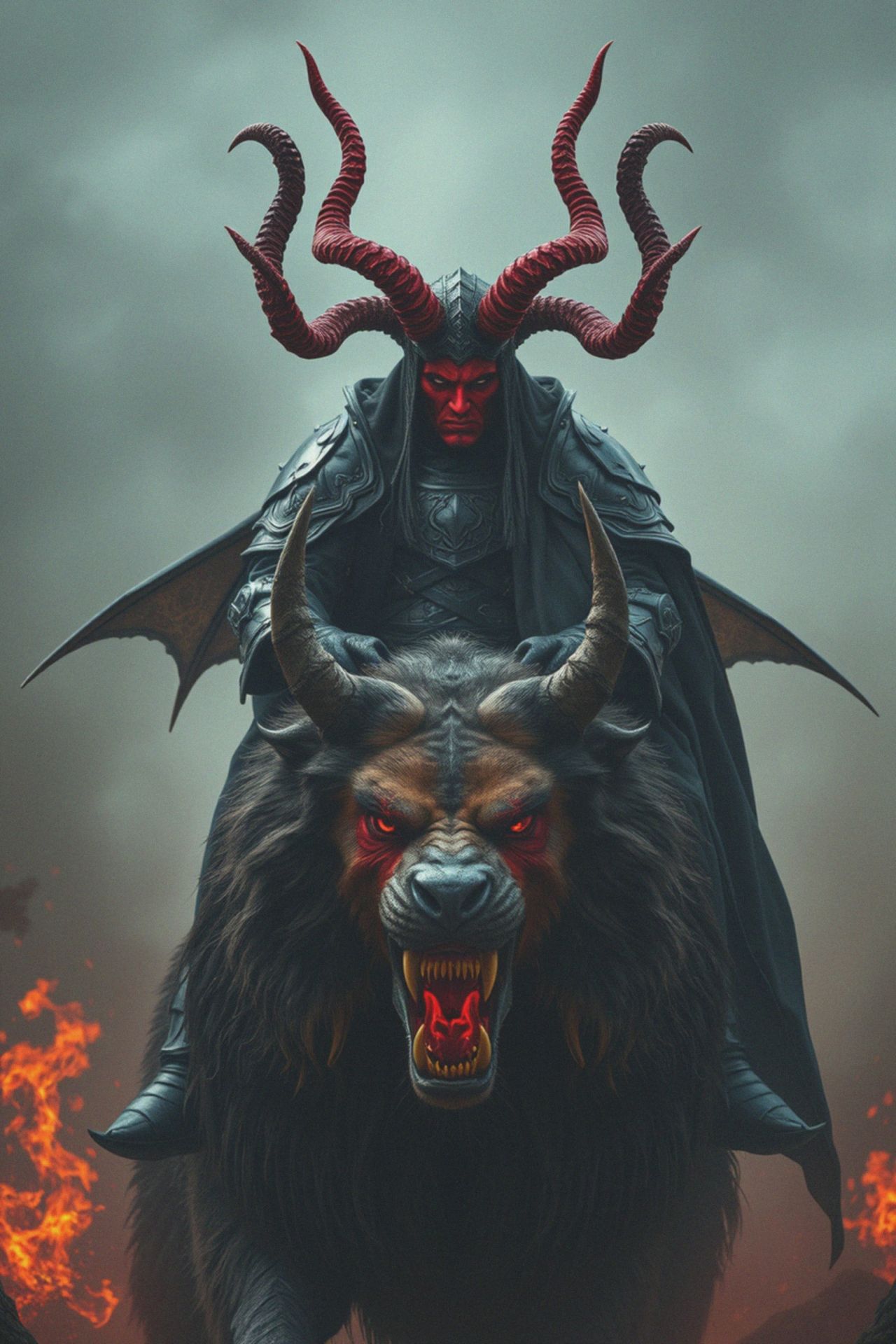 Asmodeus in black armor, on a large Cerberus, In Hell. Red horns. Scary ...