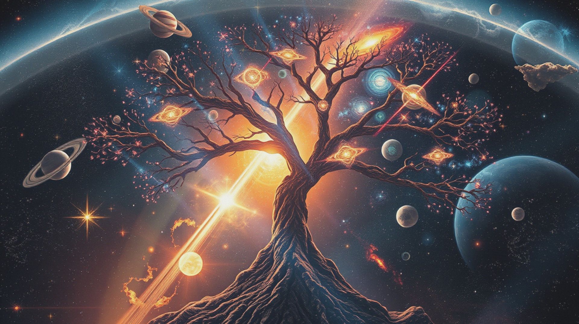 “A cosmic tree created from galaxies, nebulae, and stars, its branches ...