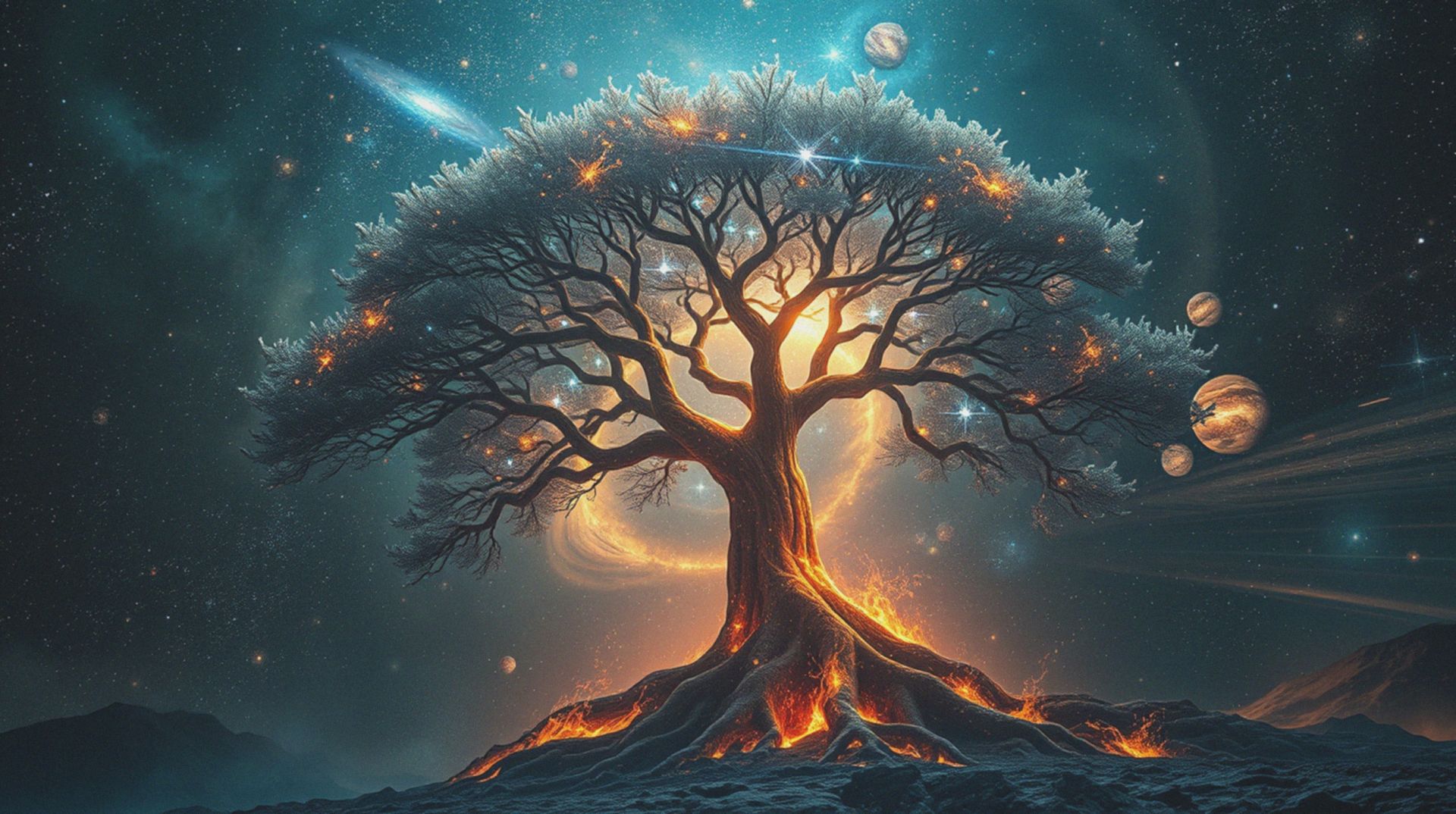 “A cosmic tree created from galaxies, nebulae, and stars, its branches ...
