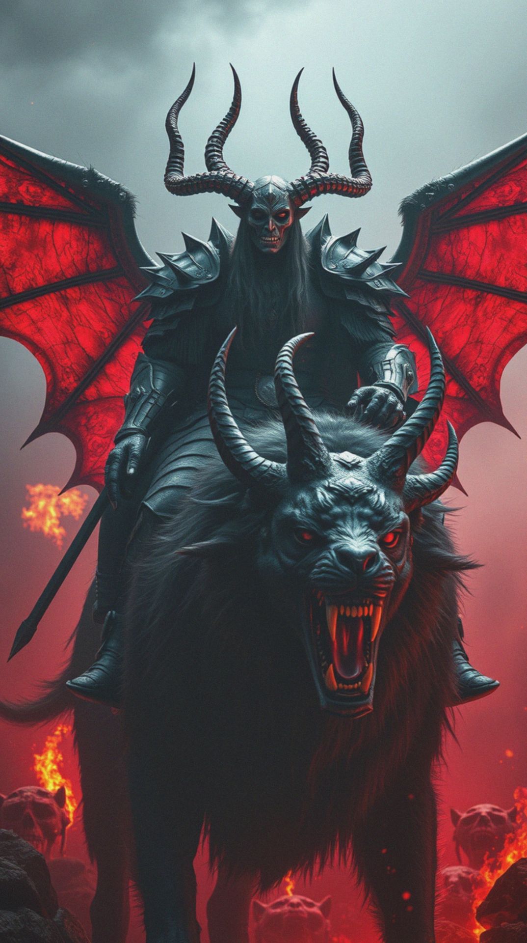 Asmodeus in black armor, on a large Cerberus, In Hell. Red horns. Scary ...