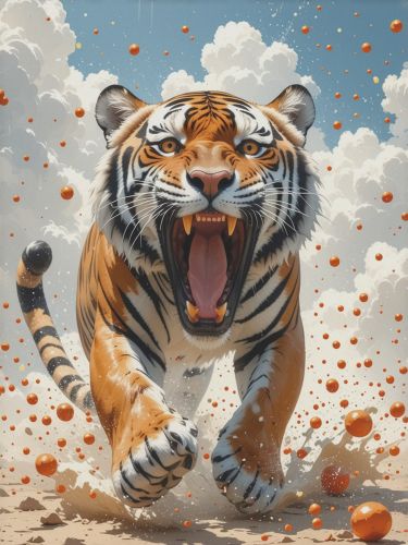 AIFusionArt - The image vividly captures a tiger mid-motion, surrounded ...