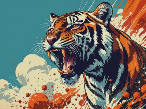 The image vividly captures a tiger mid-motion, surrounded by a dramatic ...