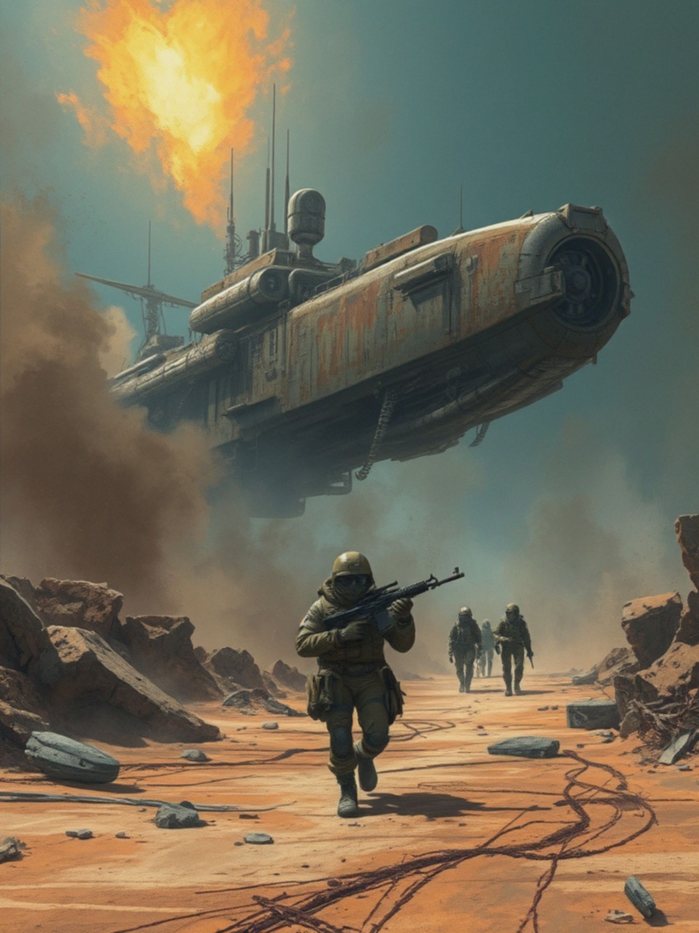 futuristic warzone landscape unfolds an industrial military ship ...