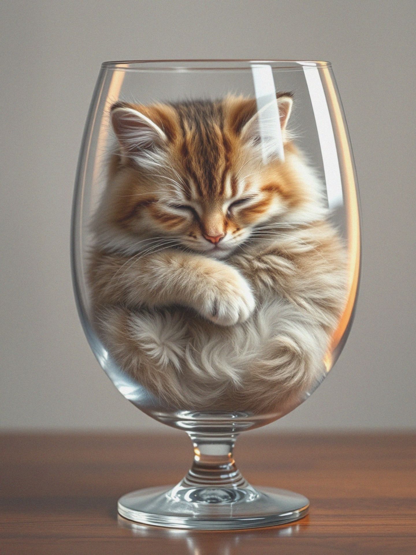 A fluffy cat curled up inside a transparent wine glass with realistic ...