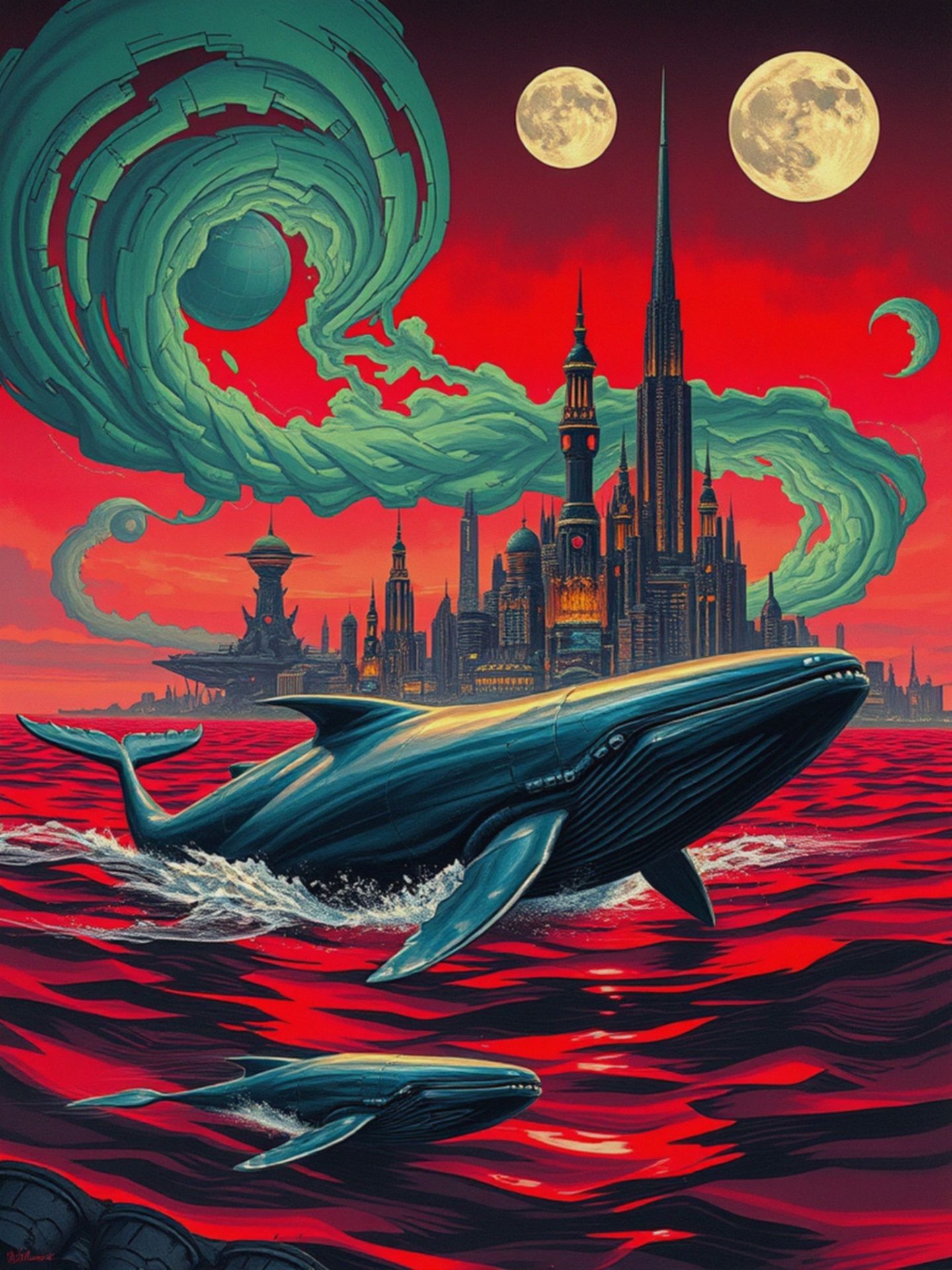 A futuristic metropolis floating above a crimson ocean under a sky torn ...