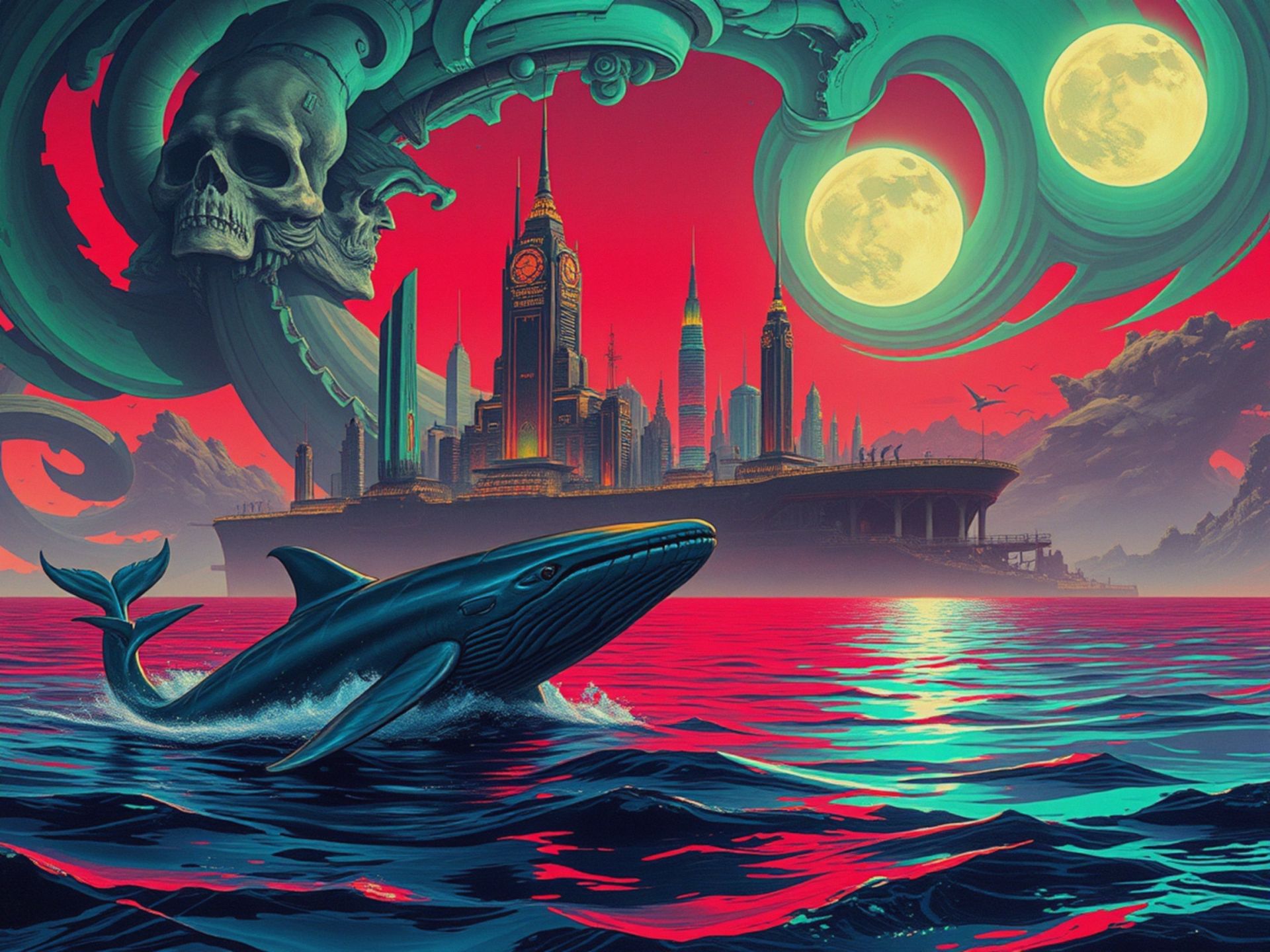 A futuristic metropolis floating above a crimson ocean under a sky torn ...