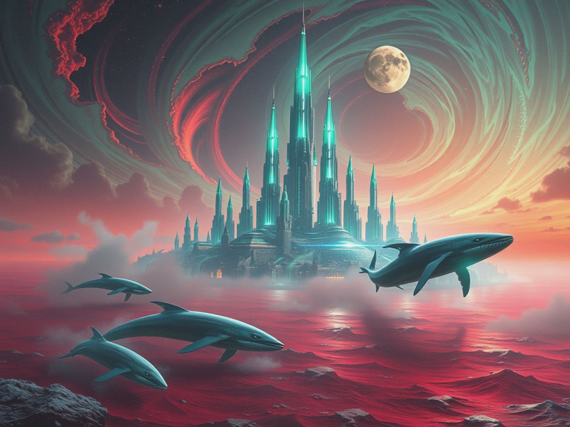 A futuristic metropolis floating above a crimson ocean under a sky torn ...