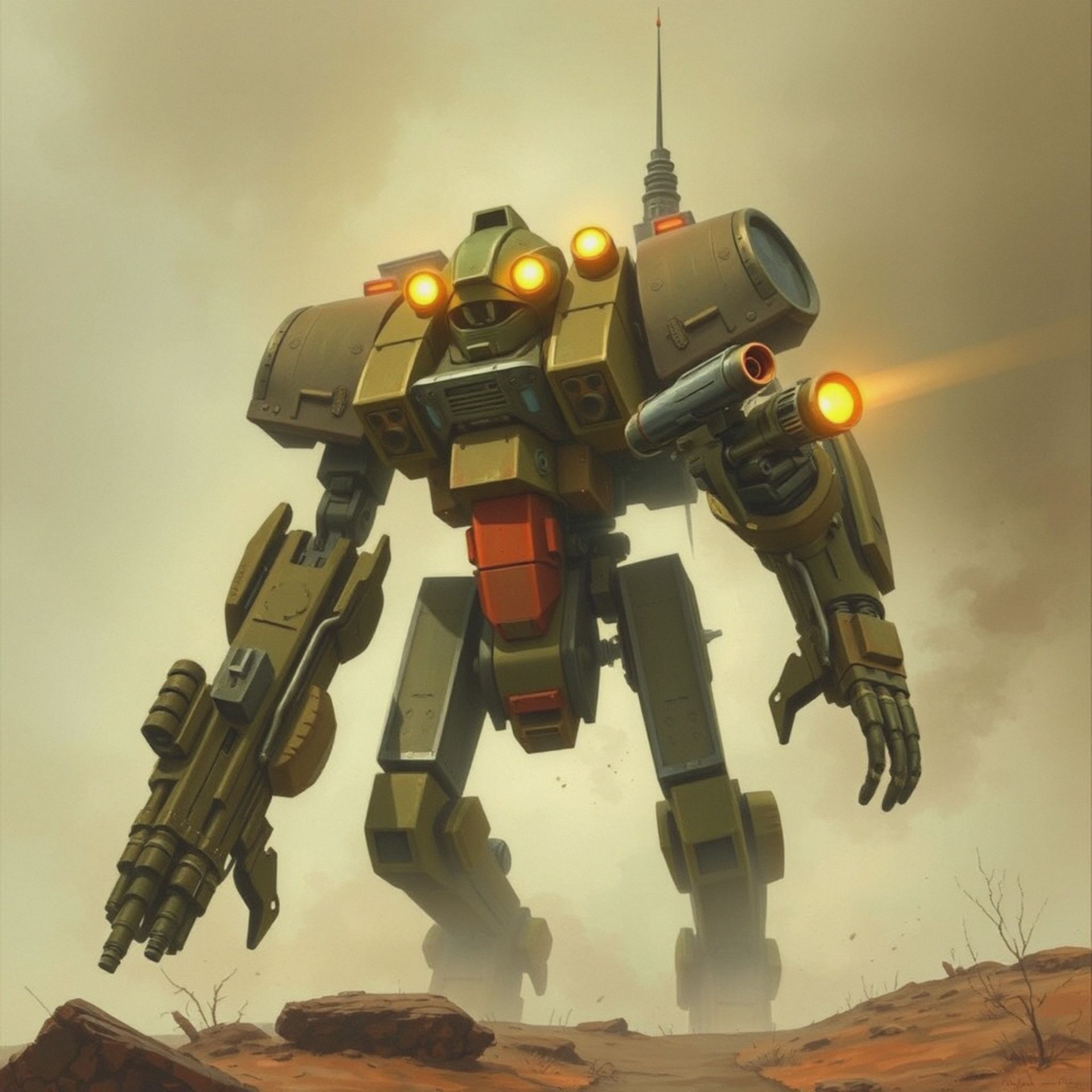 It’s a foggy day in the area, and through the fog comes a hybrid mech ...