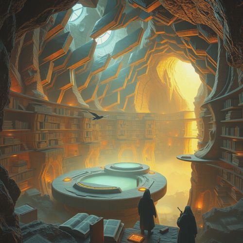 A colossal underground library carved into the walls of a glowing ...