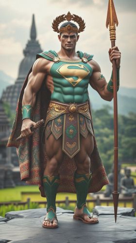 Full-body ultra-muscular Indonesian Superman hero, massive rippling ...