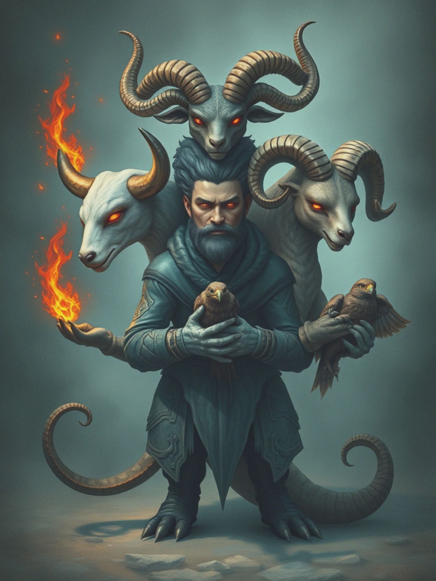 Three-headed creature. The first is the head of a bull. The second is ...