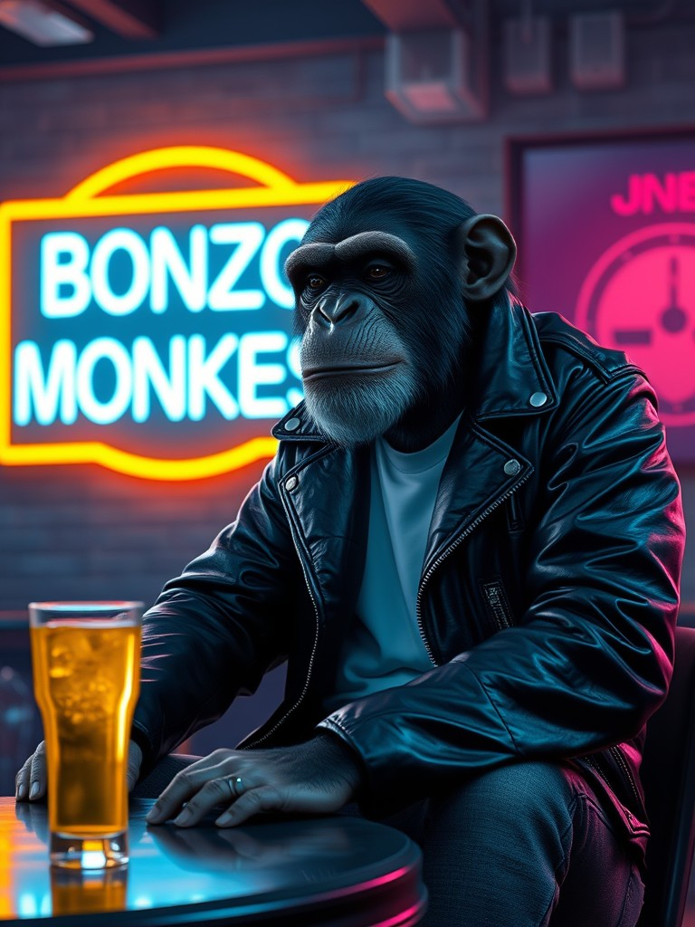 A chimpanzee-human hybrid, clad in a black leather jacket and jeans ...