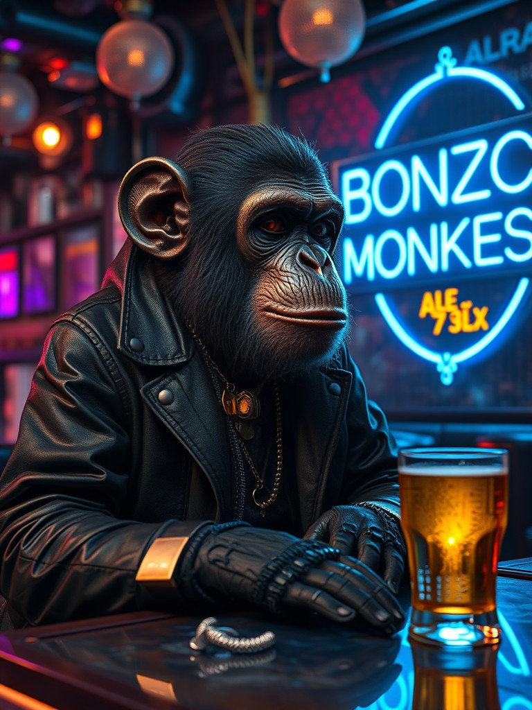 A chimpanzee-human hybrid, clad in a black leather jacket and jeans ...