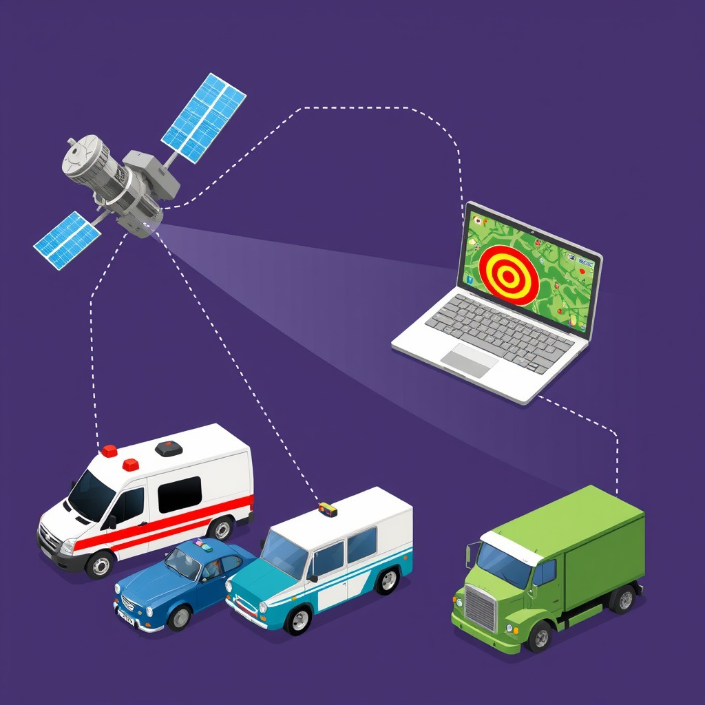 Image is a digital illustration depicting a GPS tracking system. The ...
