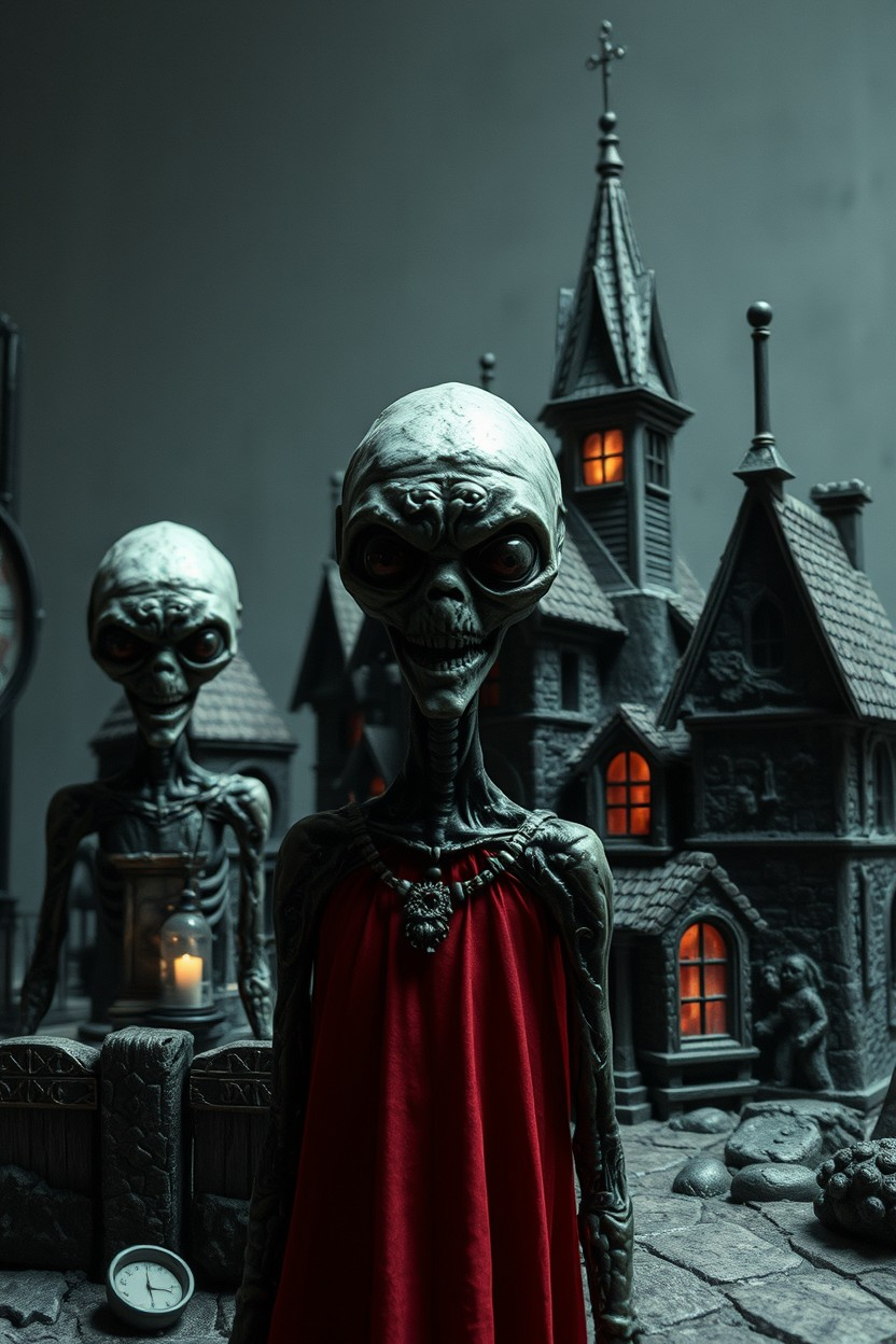 Maquette art technique of a alien village with friendly alien beings ...