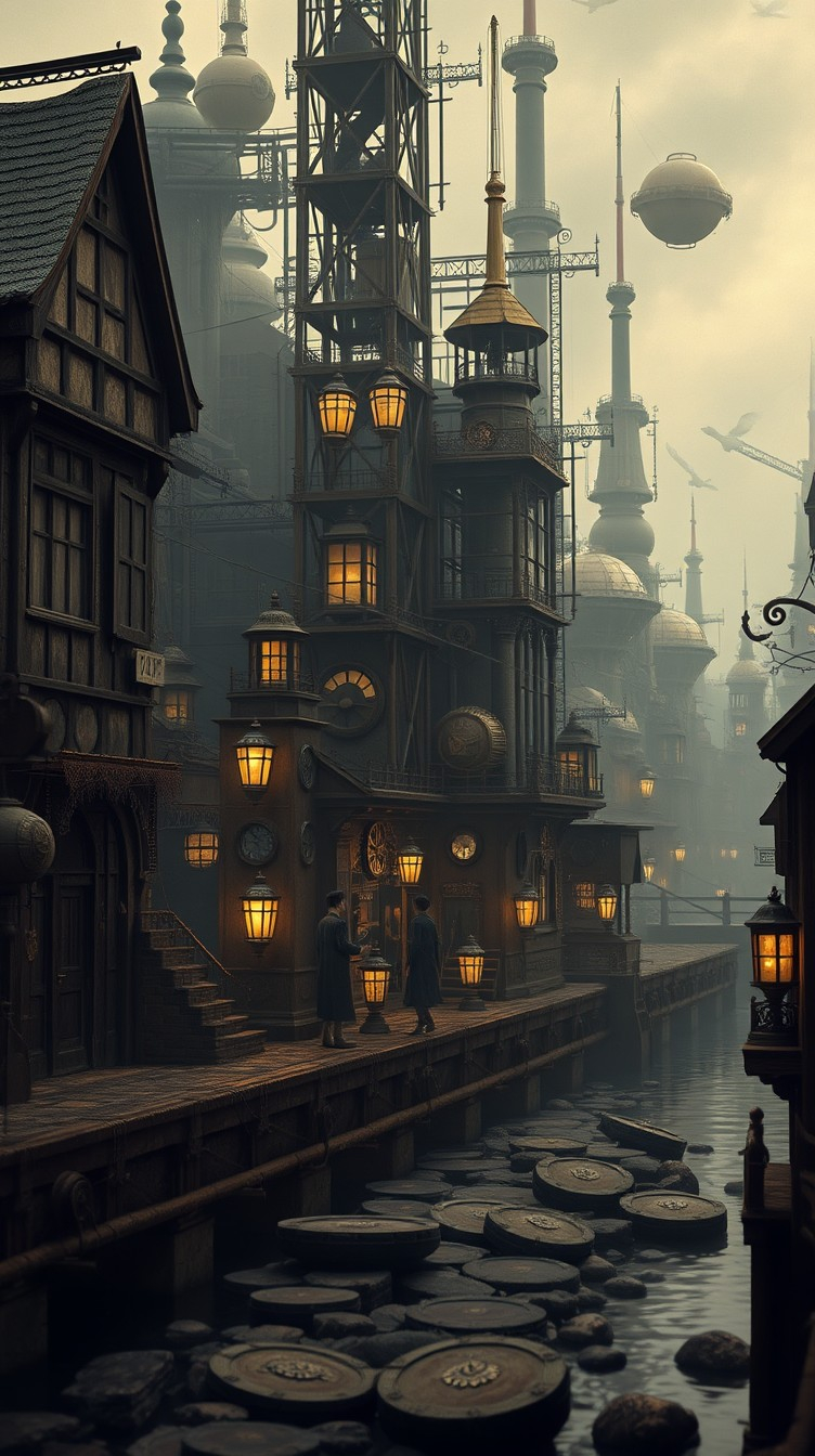 Maquette art technique of a alien village with friendly alien beings ...