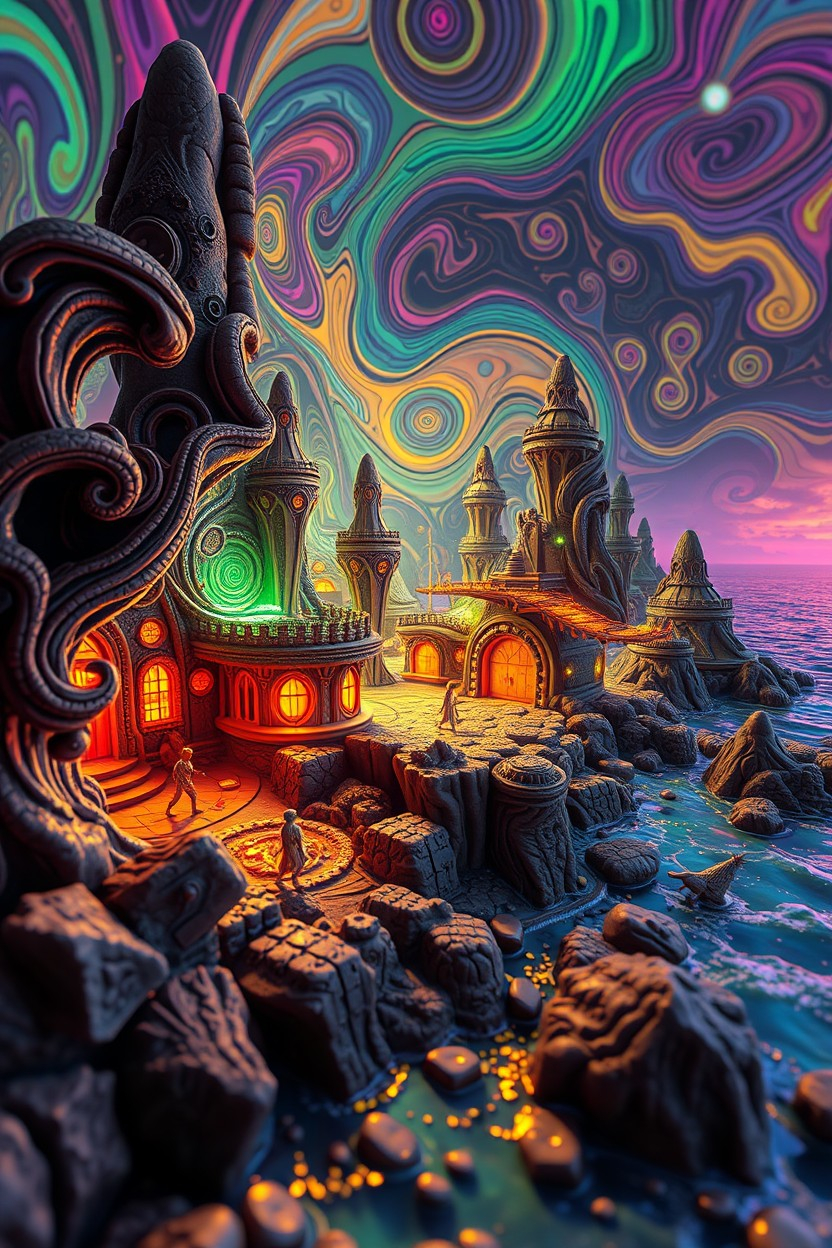 Maquette art technique of a alien village with friendly alien beings ...