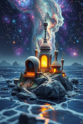 Maquette art technique of a alien village with friendly alien beings ...