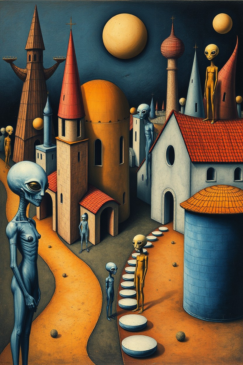 An alien village with alien beings, unreal engine 5 –ar 2:3 – AIFusionArt