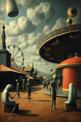 An alien village with alien beings at a carnival, Ferris wheel ...