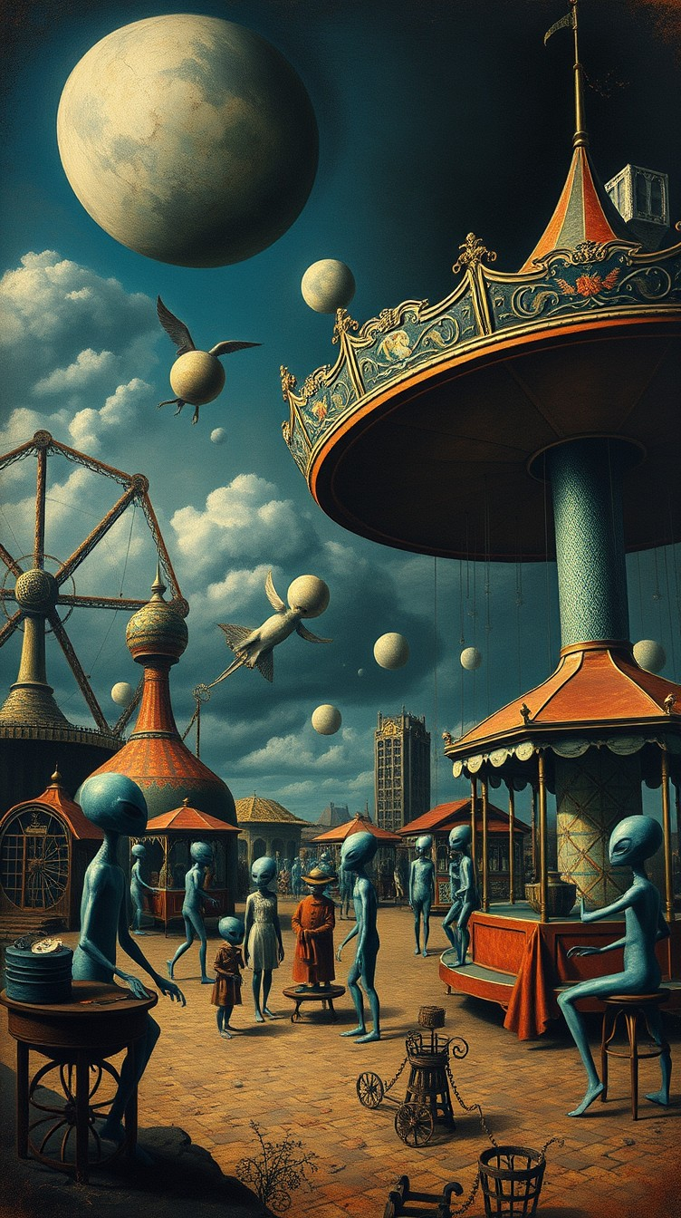 An alien village with alien beings at a carnival, Ferris wheel ...