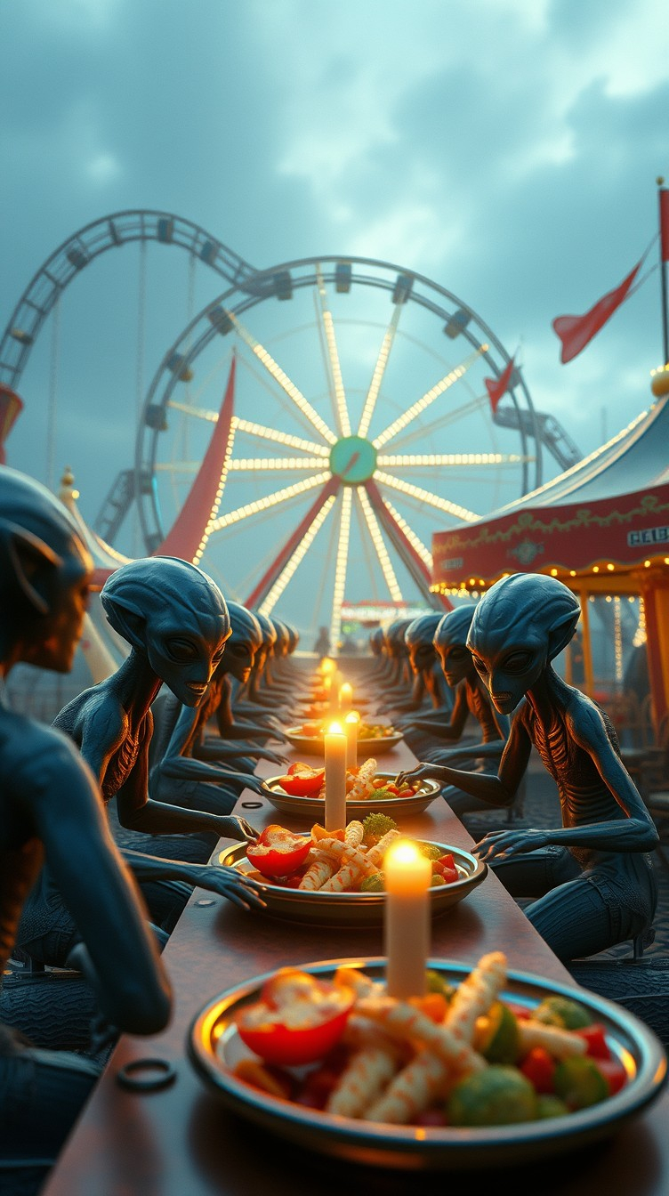An alien village with alien beings at a carnival, roller coaster ...