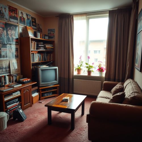 Create an image of a room in the early 90s of the last century in the ...