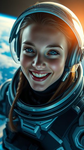 A young cyborg woman with a charming smile and snow-white teeth and big ...