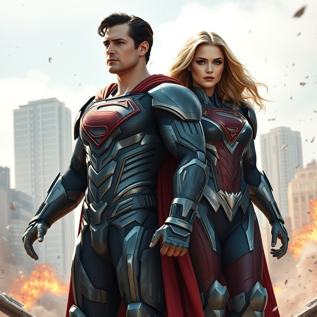 Superman and Supergirl both in heavy futuristic armor , buildings ...