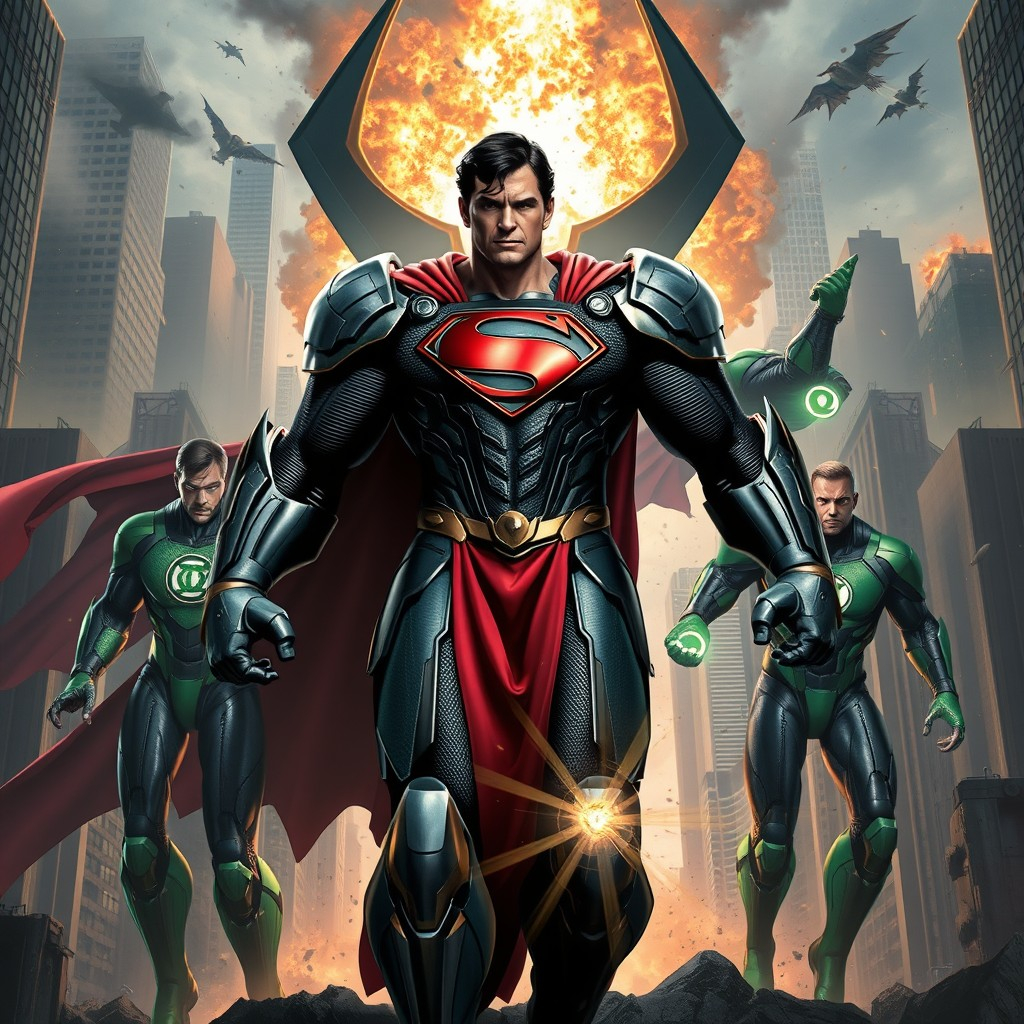 Superman, Green Lantern, all in heavy futuristic armor , Darkseid ...