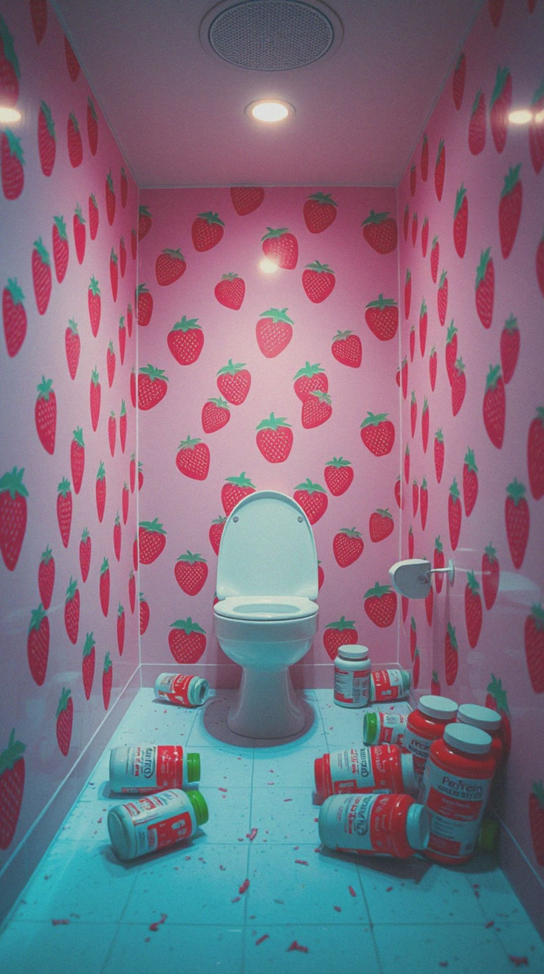 A pink strawberry-themed restroom with walls covered in strawberry ...